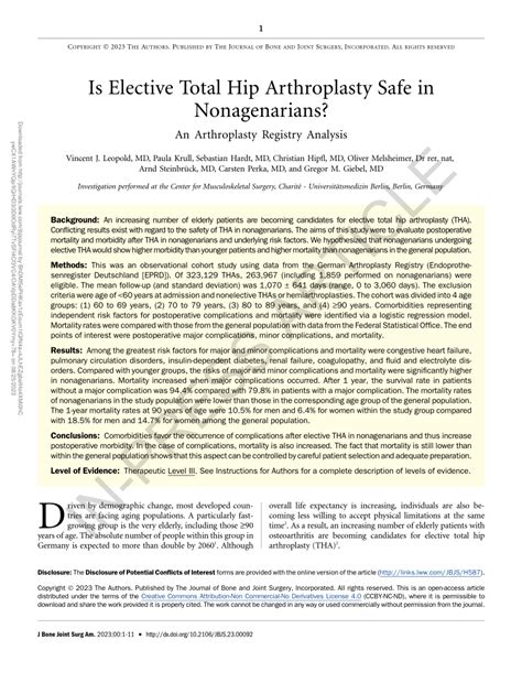 Pdf Is Elective Total Hip Arthroplasty Safe In Nonagenarians An Arthroplasty Registry Analysis