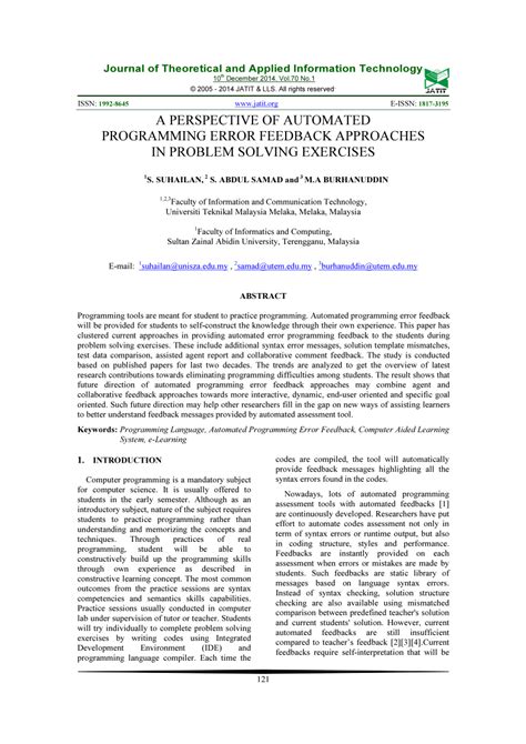 Pdf A Perspective Of Automated Programming Error Feedback Approaches In Problem Solving Exercises