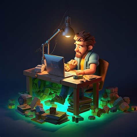 Premium Ai Image 3d Illustration Of Male Character Working On The Desk With Laptop Ai Generated
