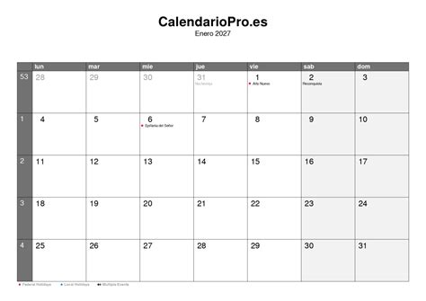 Calendario 2027 Festivos Y Números De Semana