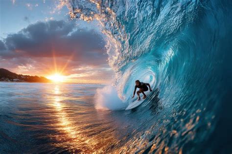 Surfer Riding A Giant Wave During Sunset At A Beach With Vibrant Colors