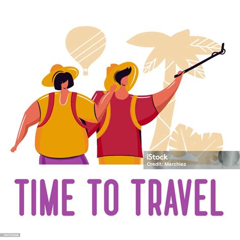 휴가 여행에 여행 배낭과 젊은 사람들 남자와 여자의 커플 전화 카메라로 사진을 찍는 휴가 개념 열대 배경입니다 평면 만화 캐릭터와 벡터 일러스트레이션입니다 가족에 대한 스톡