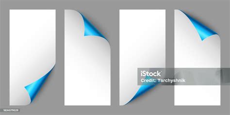 파란 종이 컬 세트 그림자가있는 페이지 모서리가 구부러져 있습니다 빈 용지 화려한 반짝이는 호일 광고 및 홍보를위한 디자인 요소 벡터 일러스트레이션 가장자리에 대한 스톡