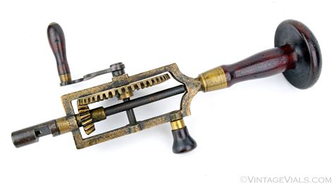Awesome Brass Framed Hand Drill Vintage Vials Antique Tools