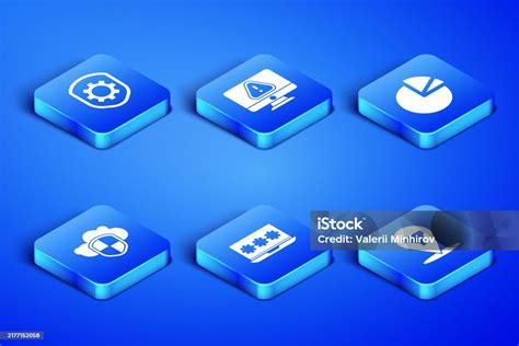 판매 퍼널 쉴드 설정 기어 노트북 비밀번호 클라우드 및 쉴드 모니터 느낌표 및 파이 차트 인포그래픽 아이콘으로 위치를 설정합니다 벡터 3차원 형태에 대한 스톡 벡터 아트 및