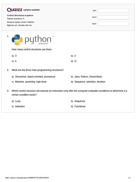 Python Control Structures Quiz Pdf