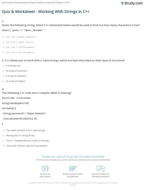 Quiz And Worksheet Working With Strings In C