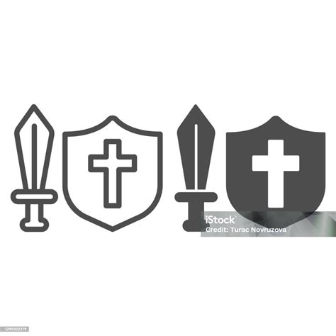 중세 칼과 방패 라인과 단단한 아이콘 동화 개념 흰색 배경에 중세 무기 기호 윤곽 스타일의 방패 아이콘고전 중세 칼 벡터 그래픽