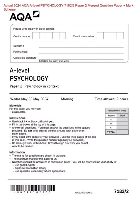 Actual 2024 Aqa A Level Psycology 7182 2paper 2 Merged Questions
