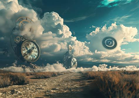A Surreal Landscape Featuring Giant Clocks And Gears Amidst Clouds Barren Path Background