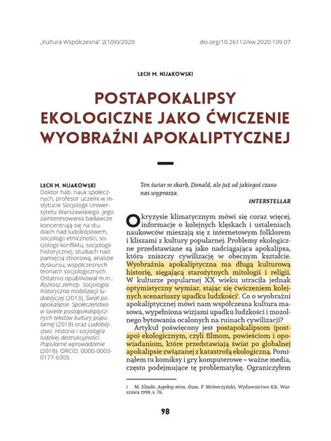Lech M Nijakowski Postapokalipsy Ekologiczne Jako ćwiczenie Wyobraźni Apokaliptycznej Pdf