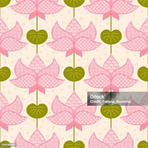일본 연꽃 이음새가 없는 무늬 분홍색 아시아 연꽃 꽃 배경 분홍색 중국 연꽃 반복 섬유 디자인 전통 장식품으로 한국 꽃을 손으로 그렸습니다 아시아 벡터 일러스트레이션 연꽃