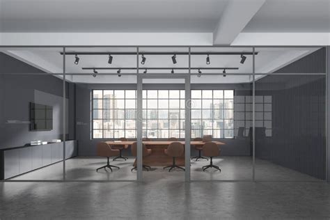 интерьер серого кабинета с конференц столом и сиденьями бортиком и окном Иллюстрация штока