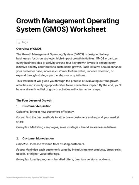 Growth Management Operating System Gmos Worksheet Pdf Mergers And Acquisitions Marketing