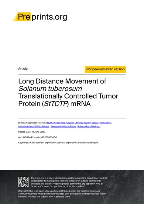 Pdf Long Distance Movement Of Solanum Tuberosum Translationally Controlled Tumor Protein