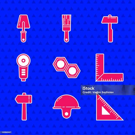 육각형 금속 너트 작업자 안전 헬멧 삼각형 통치자 코너 해머 앵글 그라인더 및 트로엘 아이콘을 설정합니다 벡터 각도에 대한 스톡 벡터 아트 및 기타 이미지 Istock