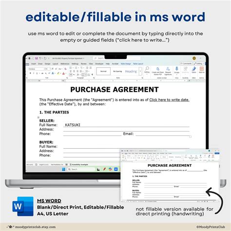 Printable Property Purchase Agreement Template Editable Contract