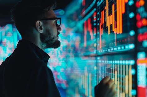Business Man Standing In Front Of Computer Screen Analyzing Data A Business Man Analyzing Data