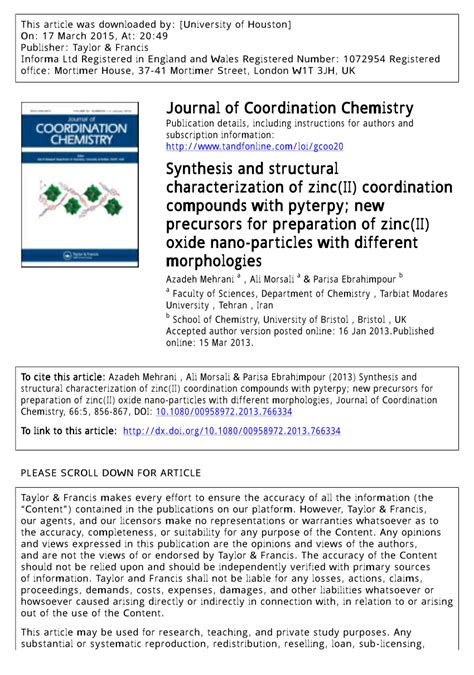 Pdf Synthesis And Structural Characterization Of Zincii Coordination Compounds With Pyterpy