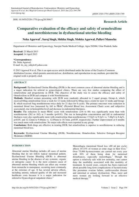 Pdf Comparative Evaluation Of The Efficacy And Safety Of Ormeloxifene And Norethisterone In