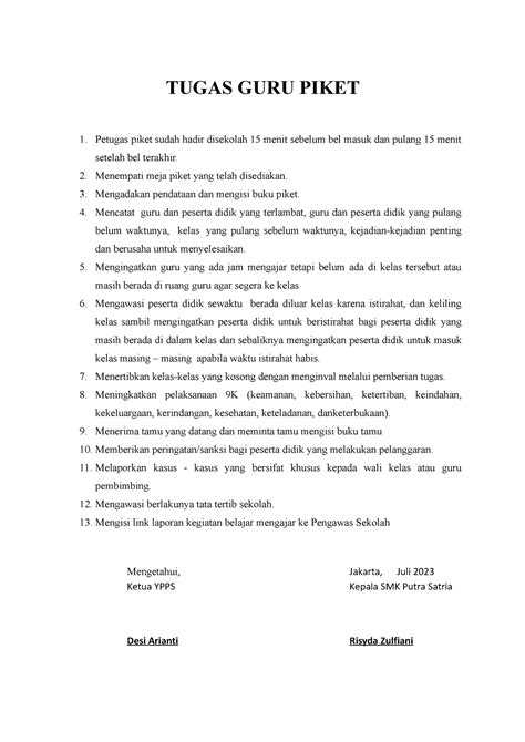 Tugas GURU Piket TUGAS GURU PIKET Petugas Piket Sudah Hadir Disekolah Menit Sebelum Bel