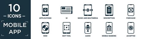 채워진 모바일 앱 아이콘 세트입니다 플랫 응용 프로그램 Ui 음악 및 멀티미디어 설명 구매 Rom 편집 도구 오디오 모바일 뱅킹 편집 가능한 형식의 허용 아이콘을 포함합니다