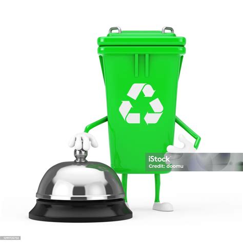 호텔 서비스 벨 콜재활용 표지판 녹색 쓰레기 통 캐릭터 마스코트 3d 렌더링 0명에 대한 스톡 사진 및 기타 이미지 0명 디지털 생성 이미지 반짝이는 Istock