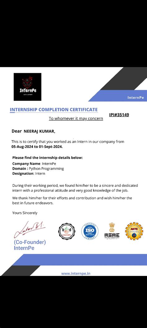 I Have Successfully Completed My Internship In Internpe As Python