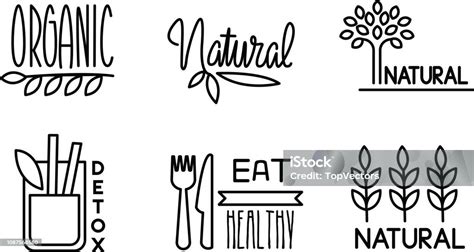 자연 해독 유기 선형 로고 설정 건강 한 유기농 채식 식품 라벨 레스토랑 카페 Bagges 바이오 제품 흰색 배경에 그림을 벡터 0명에 대한 스톡 벡터 아트 및 기타 이미지