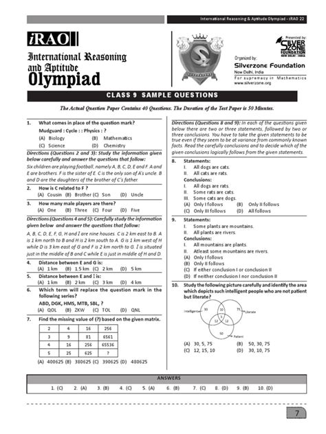 Class 9 Sample Questions International Reasoning And Aptitude Olympiad Irao 22 Pdf