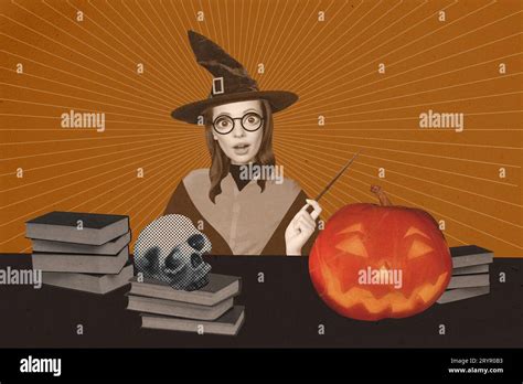 Creative Composite Photo Collage Of Clever Witch In Glasses Hold Wizard