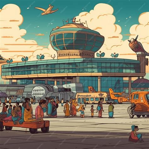 Premium Ai Image Cartoon Illustration Of People At An Airport With A Plane In The Background