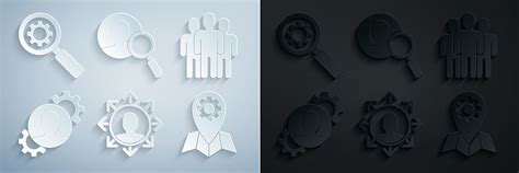 프로젝트 팀 기반 설정 사용자 그룹 내부 기어와 인간 위치 작업 검색 사람과 아이콘을위한 돋보기 벡터 3차원 형태에 대한 스톡