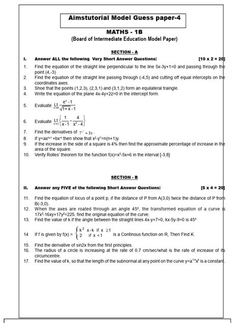1b Model Guess Paper 4 Pdf Equations Coordinate System