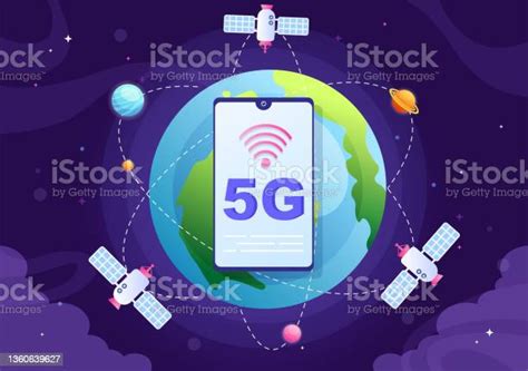 평평한 배경 일러스트에서 무선 기술 글로벌 5g 인터넷 네트워크 위성 통신과 행성 지구를 궤도 인공 위성 5g에 대한 스톡 벡터 아트 및 기타 이미지 Istock