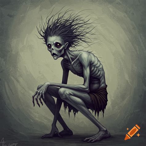 A Gaunt Creature With Dark Eyes And Wild Hair Crouching On Craiyon