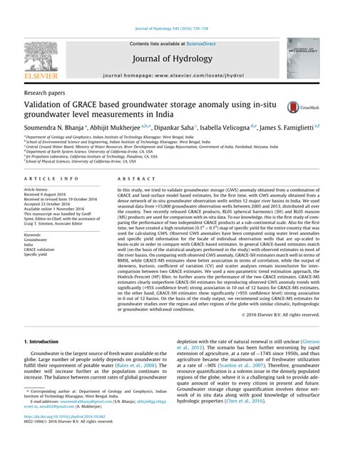 PDF Validation Of GRACE Based Groundwater Storage Anomaly Using In Situ Groundwater Level