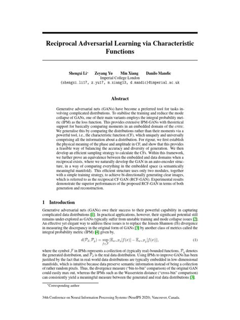 Neurips 2020 Reciprocal Adversarial Learning Via Characteristic Functions Paper Pdf Normal