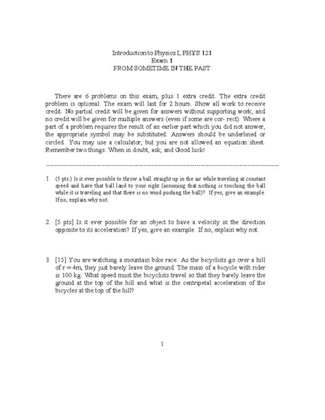 Sample Exam Phys Introduction To Physics I PHYS Exam FROM SOMETIME IN THE PAST