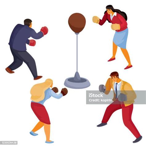 사무실 옷을 입은 남성과 여성은 권투 장갑 침략 방어 공격 흰색 배경에 고립 된 물체 벡터 일러스트레이션이있는 스포츠 펀칭 백을