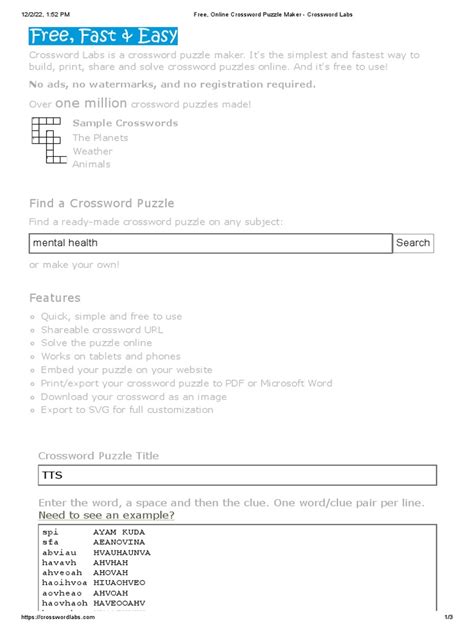 Free Online Crossword Puzzle Maker Crossword Labs Pdf Crossword Software