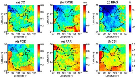 The Spatial Patterns Of Six Metrics Cc A Rmse B Bias C Pod