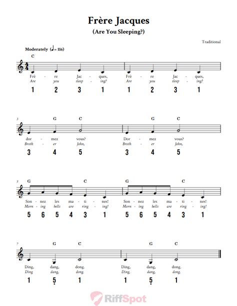 Frère Jacques 15 Note Tongue Drum Sheet Music And Tab With Chords And