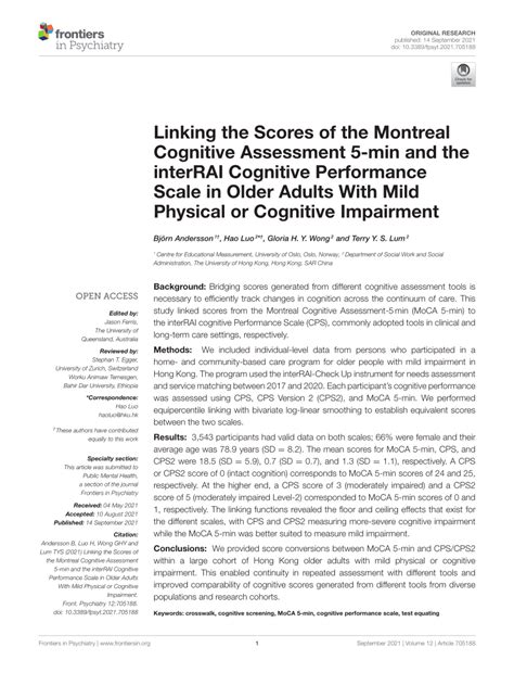 Download Pdf Linking The Scores Of The Montreal Cognitive Assessment 5 Min And The Interrai