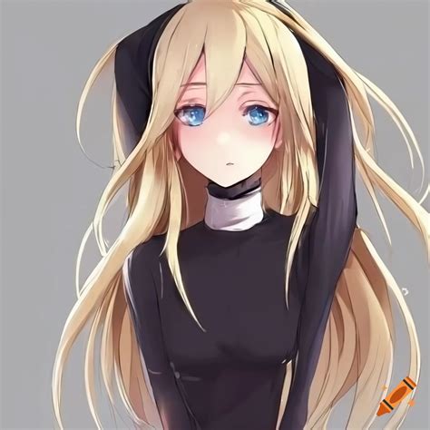 Anime Girl With Blond Hair And Blue Eyes Wearing A Black Turtleneck On