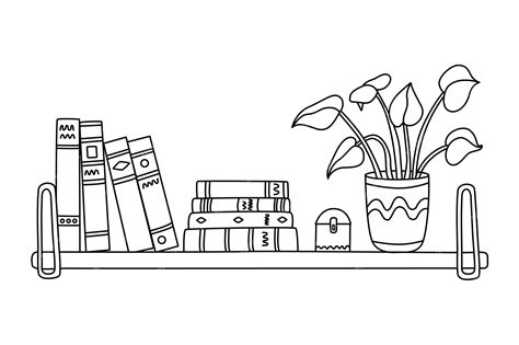 Premium Vector Books And Houseplant On A Bookshelf Vector Doodle Hand Drawn Illustration Black