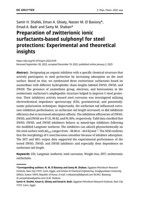 Pdf Preparation Of Zwitterionic Ionic Surfactants Based Sulphonyl For Steel Protections
