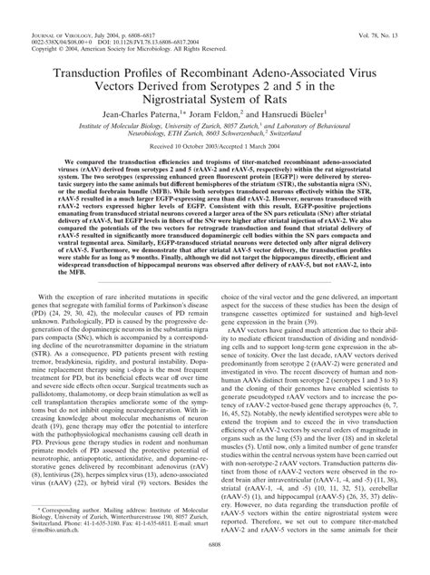 Pdf Transduction Profiles Of Recombinant Adeno Associated Virus