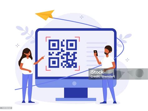 Qr 코드 스캐닝 벡터 일러스트레이션 개념 사람들은 스마트 폰을 사용하고 Qr 코드를 스캔하여 지불합니다 컴퓨터 화면의 바코드 현대 기술 창조적 인 평면 벡터입니다 Qr