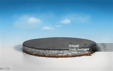 파란색 하늘에 고립 된 원형 층 토양과 콘크리트 단면에 3d 삽화 아스팔트 도로 슬라이스에 대한 스톡 사진 및 기타 이미지